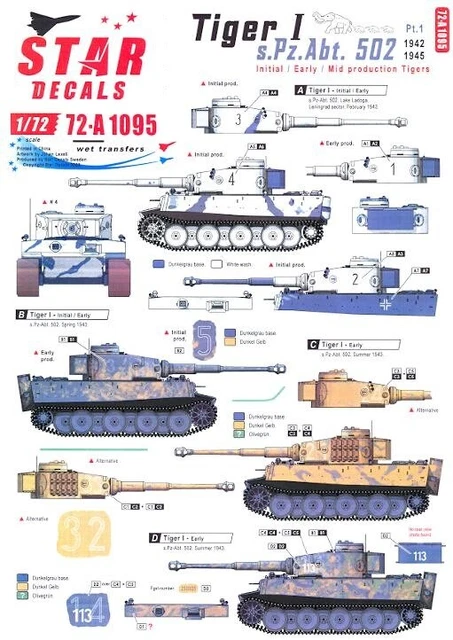 STAR DECALS 1/72 TIGER I TANKS OF s.Pz.Abt. 502 Initial & Early & Mid ...