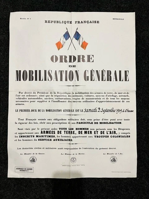 AFFICHE REPUBLIQUE FRANÇAISE ''Ordre de mobilisation générale'' EUR 140 ...