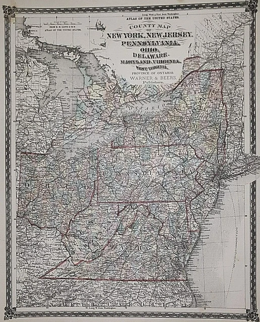 ANTIQUE 1875 RAILROAD & County Map ~ MID-ATLANTIC STATES ~ NY - PA - NJ ...