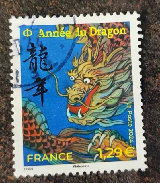 TIMBRE ANNÉE DU dragon 2024,cachet rond 2024, faciale 1.29€ EUR 0,51 ...