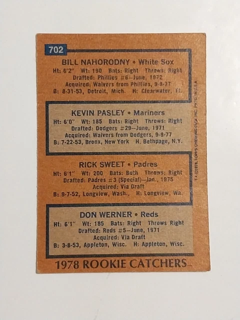 1978 TOPPS ROOKIE Catchers - Bill/Kevin Pasley/Don Werner/Sign By Rick ...