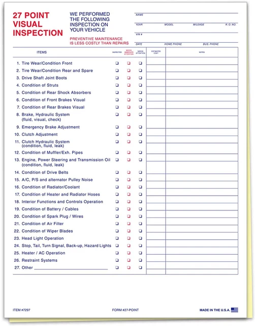 27 POINT INSPECTION Sheet - Vehicle Inspection Form - 100 Pack $33.29 ...