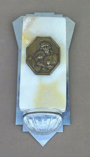 BÉNITIER CHRIST & Ste VIERGE MARIE signé DELPH ART DECO cuivre marbre ...