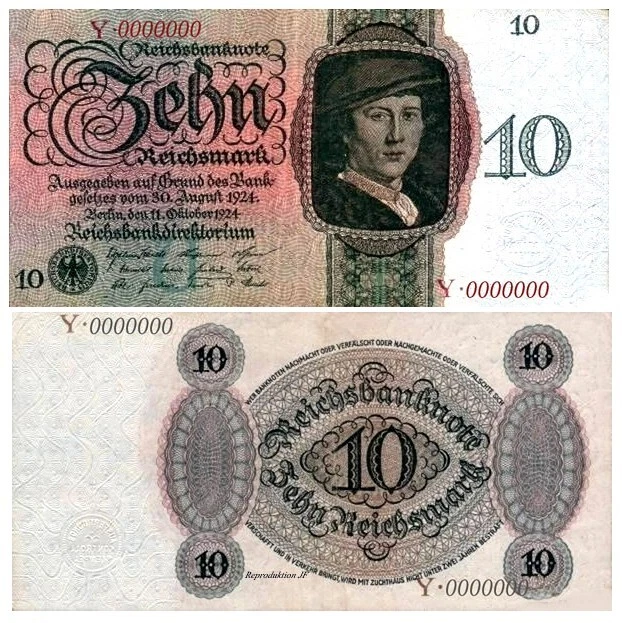 REICHSBANKNOTE, 10 REICHSMARK, Zehn Reichsmark, aus dem Jahr 1924 ...