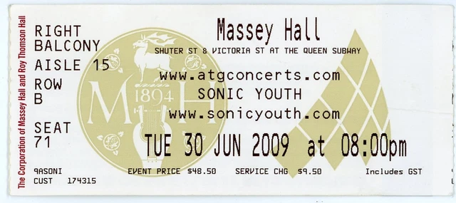 SONIC YOUTH VINTAGE Concert Ticket Massey Hall (Toronto, 2009) $55.00 ...