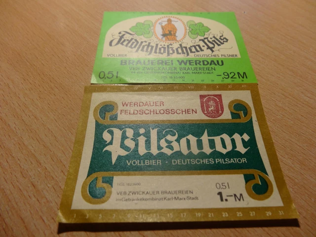 DDR BIER ETIKETTEN 2 Stück NEU Werdauer Feldschlößchen Brauerei Werdau ...