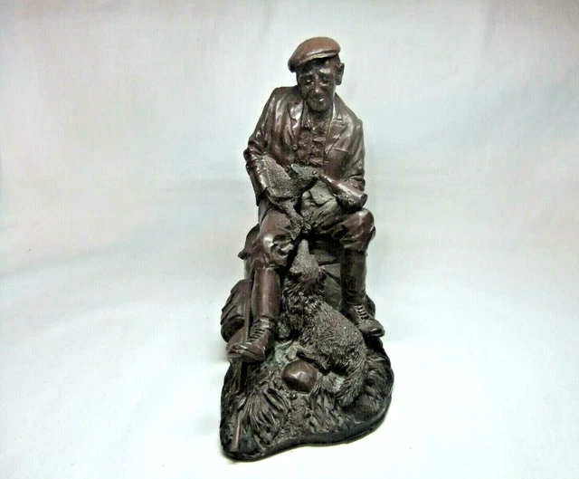 HEREDITIES FIGURE SHEPHERD With Dog Feeding Lamb Bronzed Resin W ...