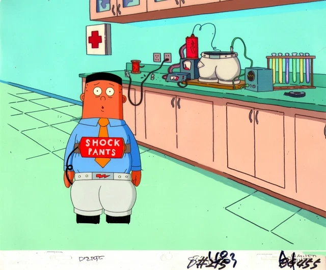 ORIGINAL DILBERT ANIMATION Cel/Dwg: ASOK Testing SHOCK PANTS on Glossy ...