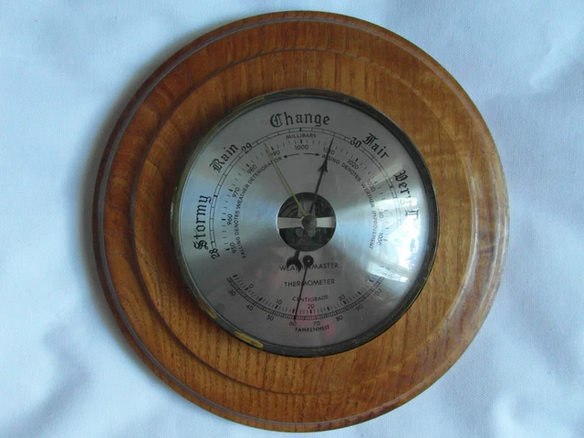 ATTRACTIVE 1970S TURNED Oak Barometer & Thermometer - Weathermaster in ...