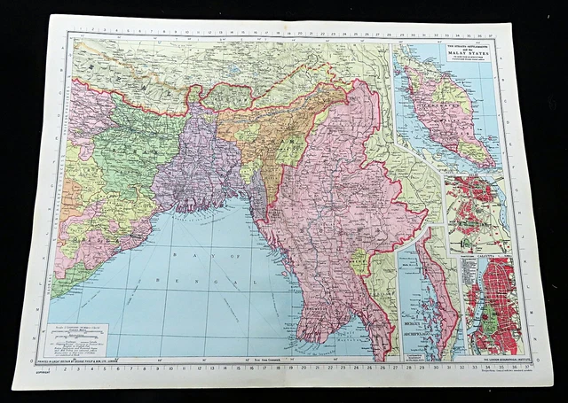 1945 WW2 MAP of Northern India Delhi Calcutta Malay States World War 2 ...