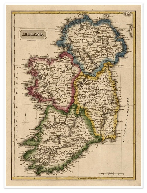 LARGE ELEGANT IRISH Color Political Map of Old Ireland circa 1822 18 x ...