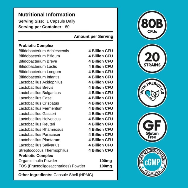 80 BILLION CFU Probiotics - 20 Strains + Prebiotics | Lactobacillus and ...