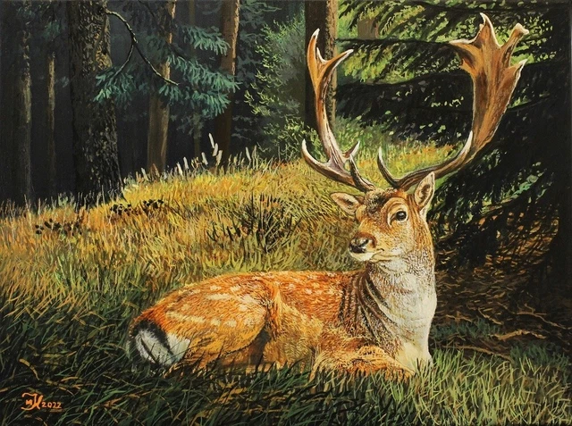 GEMÄLDE BILD JAGD - Ruhender Damhirsch 40x30cm Unikat EUR 120,00 - PicClick DE