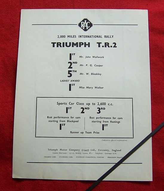 TRIUMPH TR2 SPORTS Car Rac Rally Success 1954 Original Vintage Advert £ ...