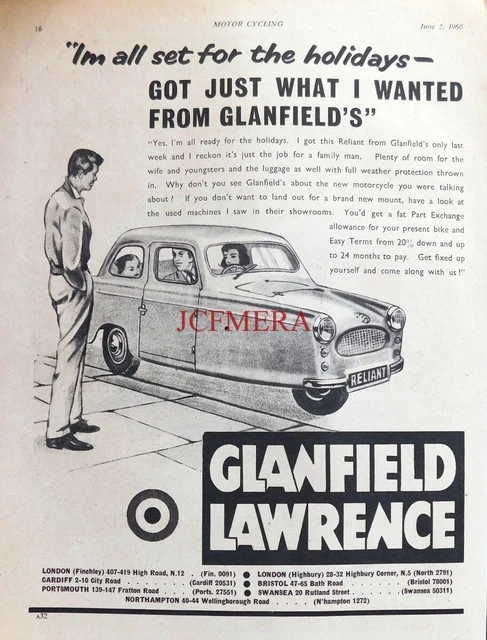 VINTAGE ORIGINAL 1960 RELIANT Three-Wheeler Glanfield Lawrence Advert ...