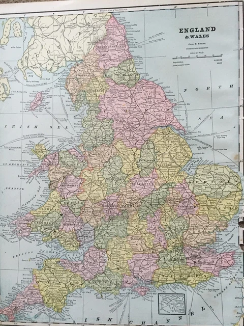 ANTIQUE COLOR MAP of England & Wales-circa 1893 EUR 29,26 - PicClick IT