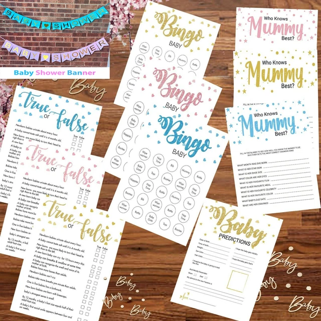 BABY SHOWER GAMES Banner Bingo True False Prediction Beer Belly Boy ...