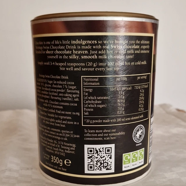 TWININGS SWISS CHOCOLATE Drink 350g 45% Cocoa Rainforest Alliance ...