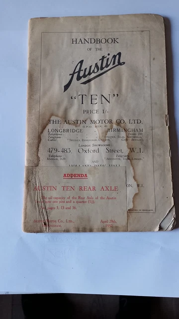 1937 AUSTIN TEN Handbook – Original Pre-War Owner’s Manual + Addenda ...