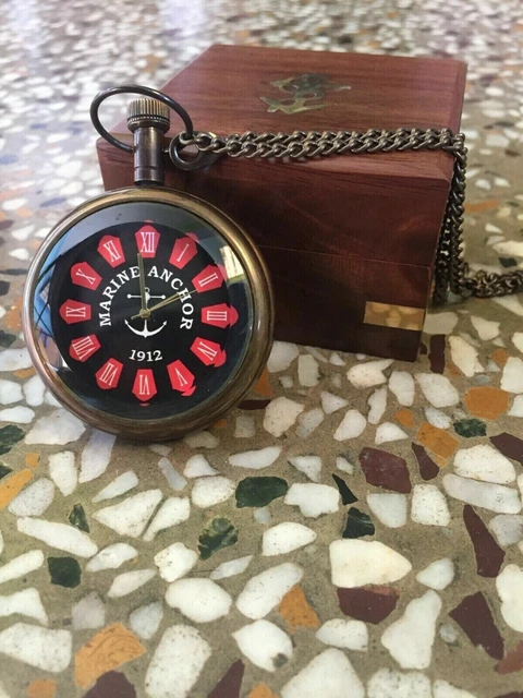 MESSING TASCHENUHR MECHANISCH Marine Anker 1912 Vintage Messing Kette ...