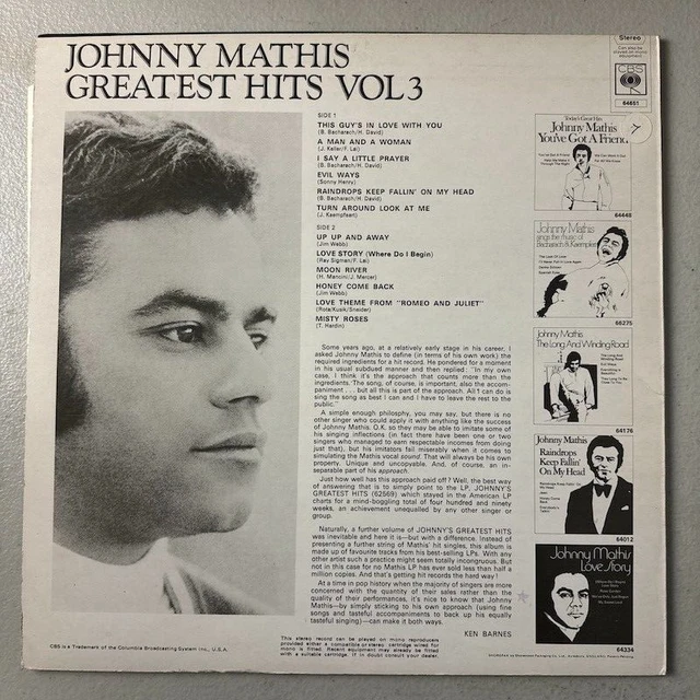 JOHNNY MATHIS - Greatest Hits Vol 3 Vinyl Lp [Near Mint] EUR 11,69 ...