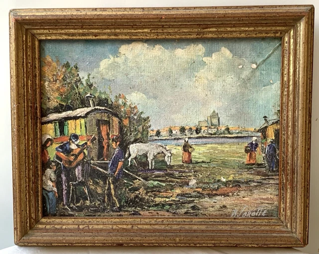 ANCIEN TABLEAU PEINTURE camp de gitans bohémiens signée vintage EUR 110 ...