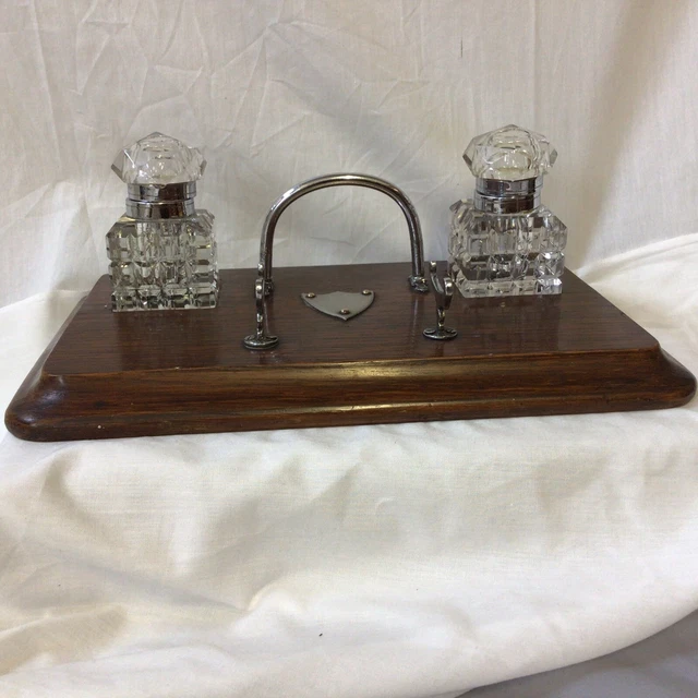 VICTORIAN OAK INK Stand & Two Cut Glass Ink Wells with Hinged Lids £125 ...