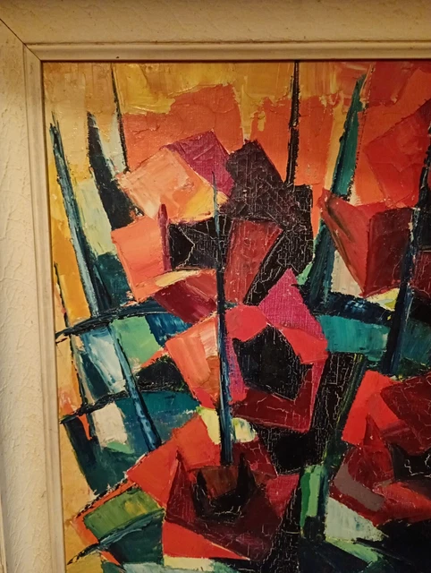 TABLEAU CUBISTE HUILE sur toile Signé Spahn Dimensions hors cadre 50x65 ...