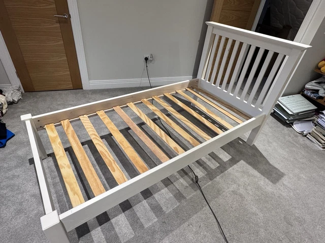 WHITE SINGLE BED Frame with Wooden Slat Base £21.50 - PicClick UK