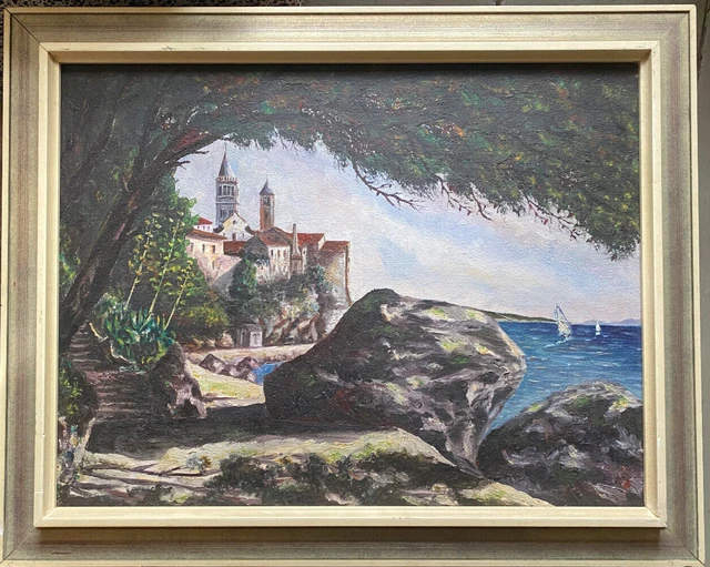 DIPINTO A OLIO Undeutl.sign. 1973 Küstenschloss Am Mare Con Steinküste ...