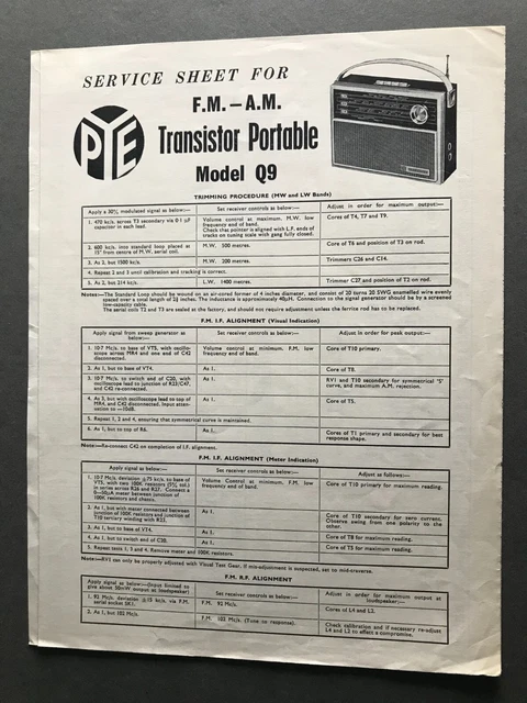 VINTAGE PYE FM/ AM Transistor Portable Radio Model Q9 Service Sheet £4. ...