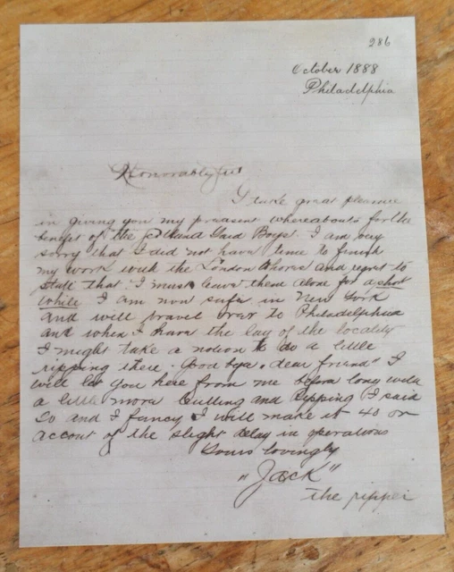 JACK THE RIPPER~ A LETTER CLAIMING TO BE FROM THE RIPPER NOW LIVING IN ...