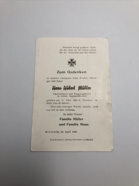 WW2 GERMAN DEATH Card Oberleutnant Pilot KIA 11/03/1943 Tunisia £18.00 ...