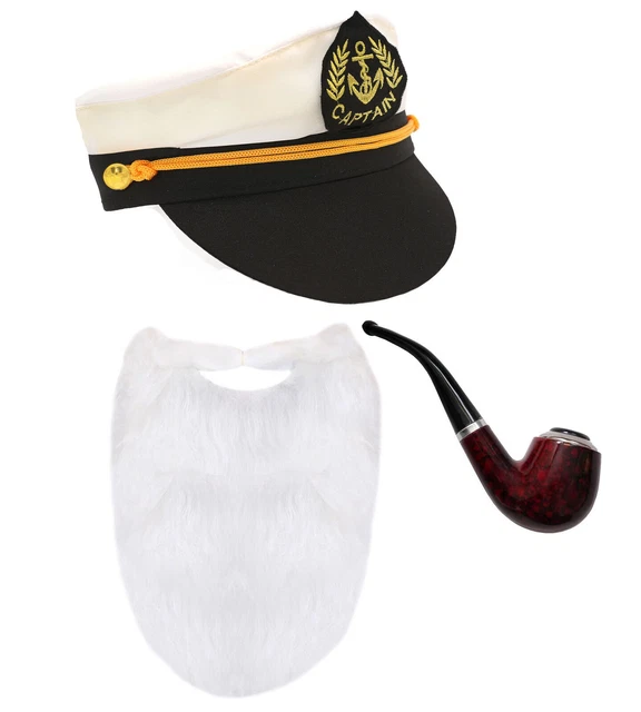 SAILOR CAPTAIN COSTUME Set Hat Pipe Beard British Tv Fancy Dress Uncle ...