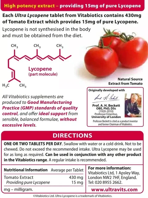 VITABIOTICS ULTRA LYCOPENE - 30 x 15mg Tablets - High Potency Extract £ ...