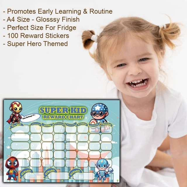 GOOD BEHAVIOUR- MARVEL Superhero Kid Themed Reward Chart -100 Gold Star ...