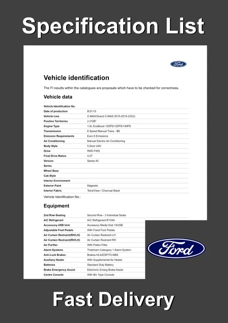 FORD SPECIFICATION SPEC Build List Sheet - Emailed To You £4.99 ...