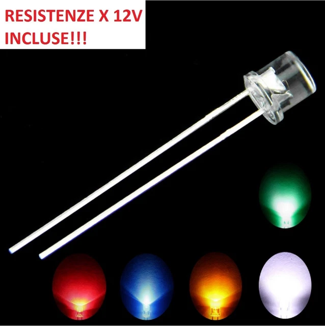 10X LED 5MM Flat Top + Résistances 12V Blanc Bleu Rouge Vert Jaune ...