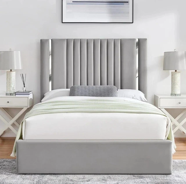 LINE STRIP BED In Silver2 Plush Fabric with Silver Strip Bed Frame ...