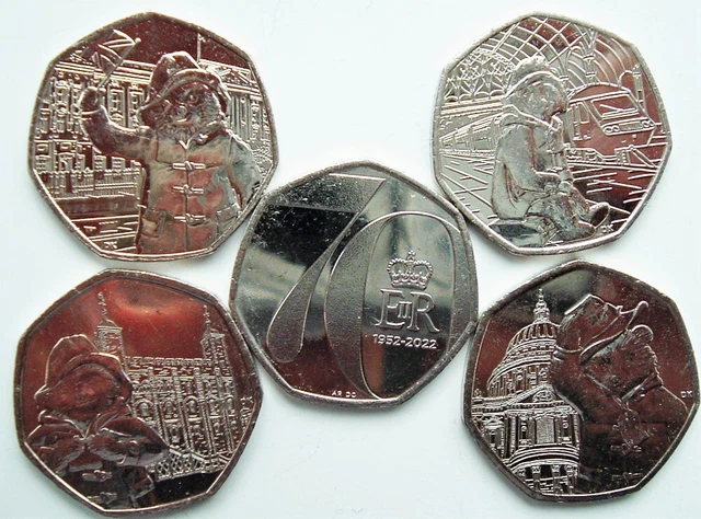 PADDINGTON BEAR FULL SET OF FOUR 50p PLUS QUEENS JUBILEE 50p ALL ...