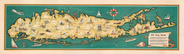MID-CENTURY PICTORIAL MAP of Old Long Island 5x16 Wall Art Print Decor ...