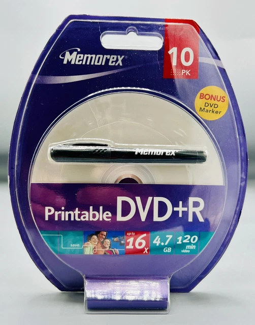 NEW 10PK MEMOREX Printable DVD-R Blister Pack + Marker - 16x - 4.7GB ...