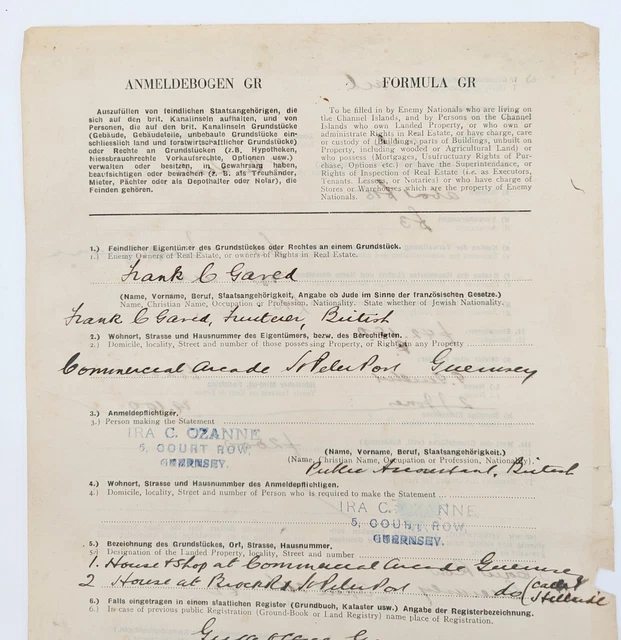 WW2 GERMAN OCCUPATION of Guernsey Enemy National Registration Form Formula GR £50.00 - PicClick UK