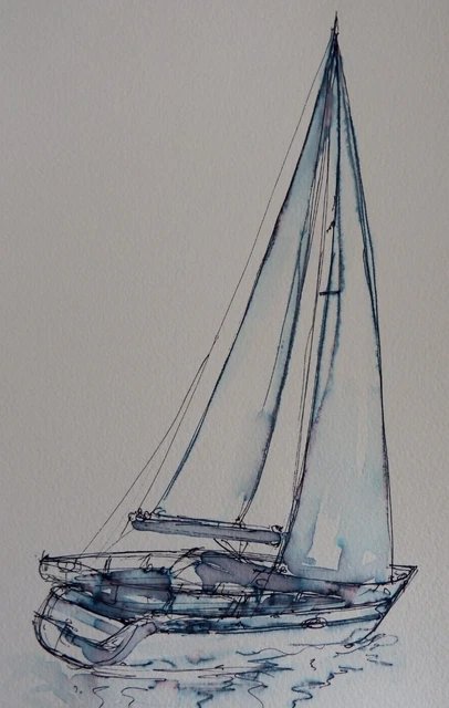 ORIGINAL DRAWING OF a Yacht Sailing Boat in Pen & Ink on watercolour ...