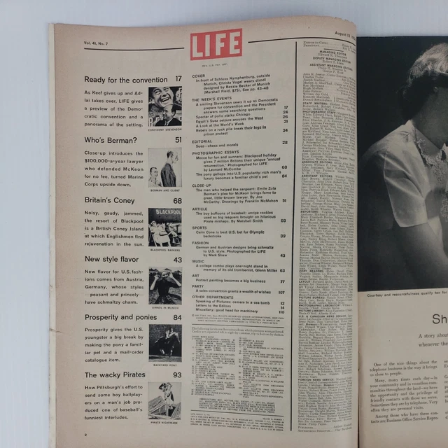 LIFE MAGAZINE AUGUST 13, 1956; Emile Zola Berman, Baseball, Suez, Mecca ...