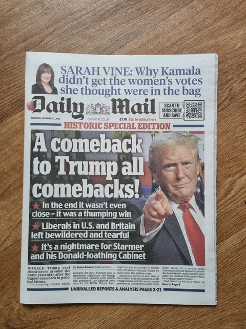 DAILY MAIL UK Newspaper 7th November 2024 Donald Trump Wins US Election ...