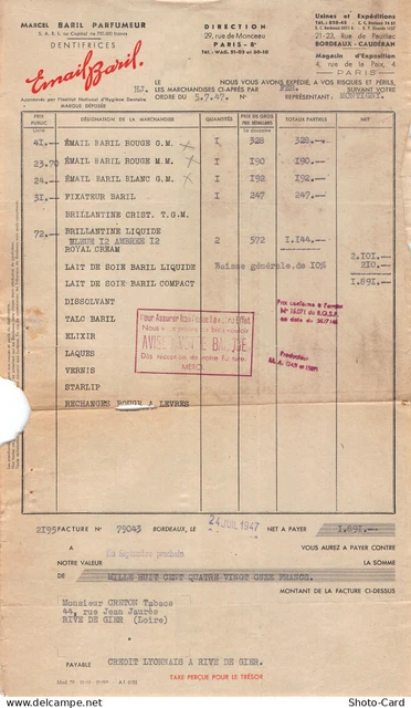 1947 DENTIFRICES MARCEL Baril Parfumeur A Bordeaux-M. Creton A Rive De ...