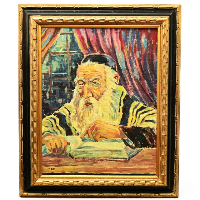 JUDAICA ORIGINAL VINTAGE Signed Hebrew Cursive Rabbi Torah Portrait Oil ...