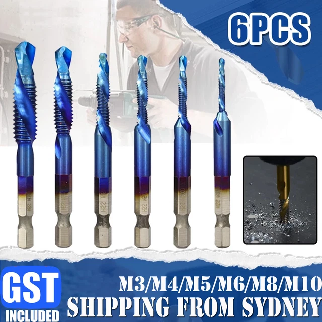 6PCS METRIC THREAD M3-M10 Titanium Coated Drill and Tap Bits 1/4 Hex ...