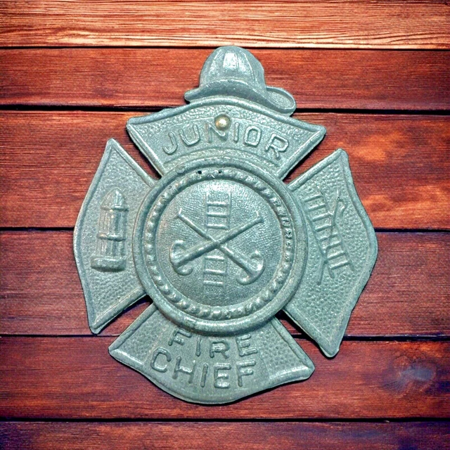 VINTAGE FIREFIGHTER BADGE Toy Metal Pin Junior Fire Chief w/ Ladder, Ax ...